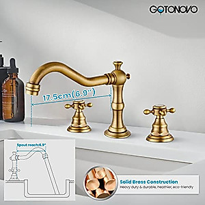 gotonovo 3-Hole Widespread Bathroom Faucet Double Cross Handle Mixer Tap for Bathroom Sink Deck Mount Hot Cold Water Matching Pop Up Drain with Overflow Antique Brass Victorian Spout