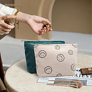 MOMOJULI Corduroy Makeup Bag Cosmestic Bag 2pcs Large Capacity Ladies Women Aesthetic Make Up Organizer Accessories Zipper Pouch Purse （Beige+Green）