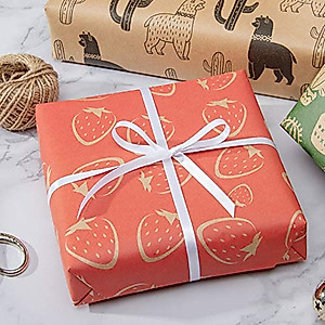RUSPEPA Kraft Wrapping Paper Roll - Cactus/Strawberry/Alpaca/Hedgehog Printed Great for Congrats, Holiday and Special Occasion - 4 Roll - 30Inch X 10Feet Per Roll