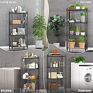 JEROAL 4 Tier Wire Shelving Unit, Adjustable Height Storage Shelf Display Rack with 4 S-Shaped Hooks, 21.25" D×11.4" W×46.45" H Standing Heavy Duty Metal Shelving for Laundry Bathroom Kitchen