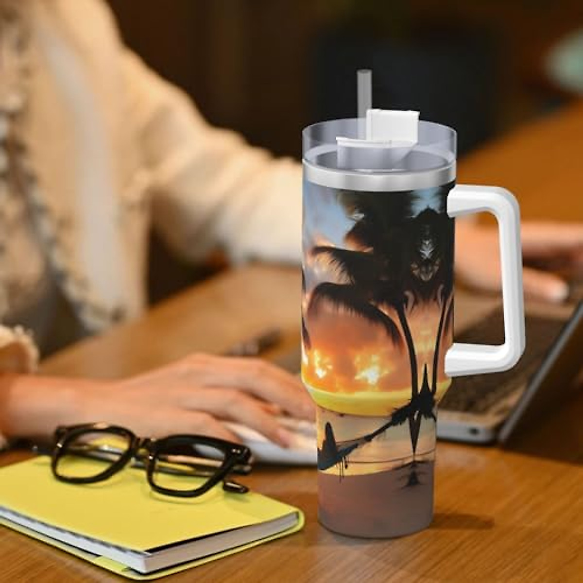 HULIBIN Coconut Beach Sunset Hammock Print Double Deck Stainless Steel Travel Coffee Cup With Lid 40 Oz Ice Bully Cup