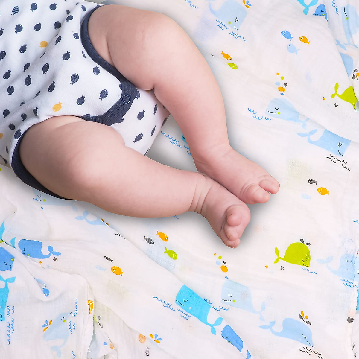 Muslin Swaddle Blankets Neutral Receiving Blanket for Boys and Girls Soft Whale Print Muslin Swaddling Blanket 47 x 47 inches