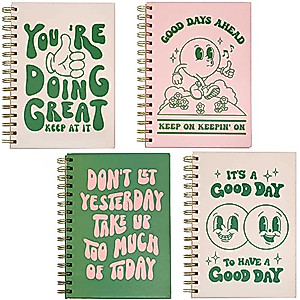 Pink Green Aesthetic Hardcover Notebooks for Work, A5 size 5.8 x 8.3 inch, Cute Notebooks for School 4 Pack, Retro Notebooks College Ruled, Cute Spiral Journal for Women, Kids Back to School Notebook