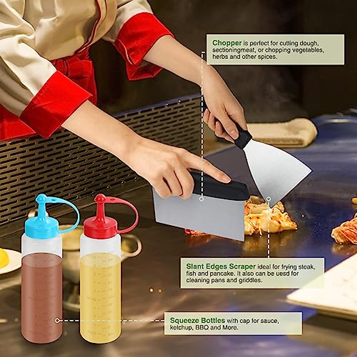 Griddle Accessories Kit, 17PCS Flat Top Grill Accessories Set for Blackstone and Camp Chef, Enlarged Spatulas, Basting Cover, Scraper, Tongs, Stain Steel Grill Spatula Kit for Outdoor BBQ & Cooking