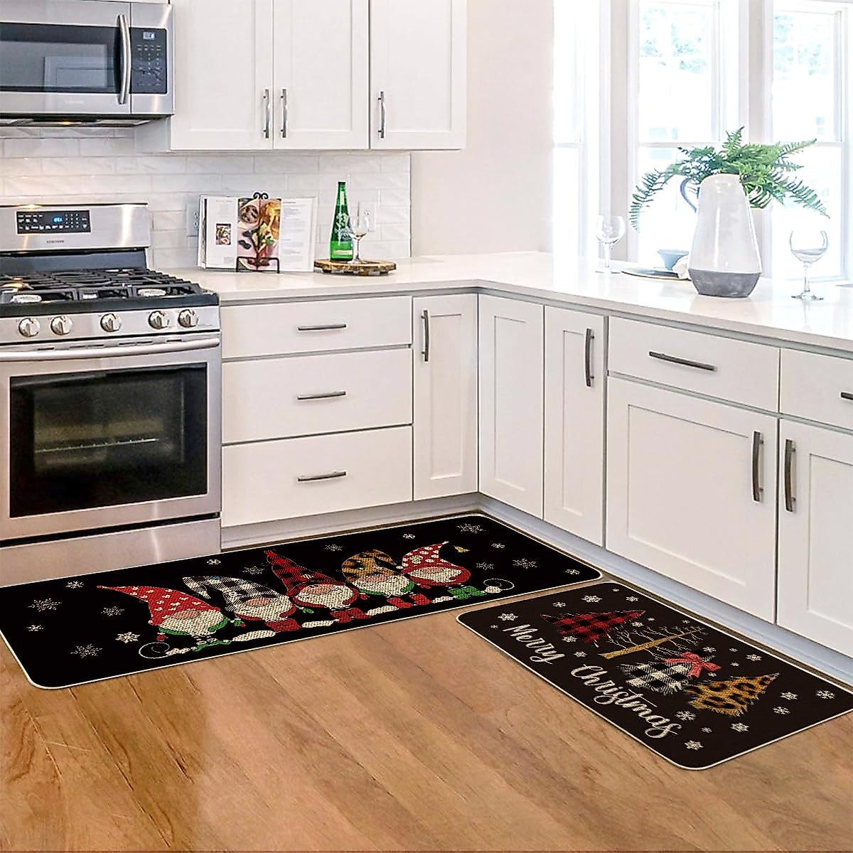 Artoid Mode Buffalo Plaid Tree Gnomes Black Christmas Kitchen Rugs Set of 2, Winter Low-Profile Floor Mat Merry Home Decora for Floor - 17x29 and 17x47 Inch
