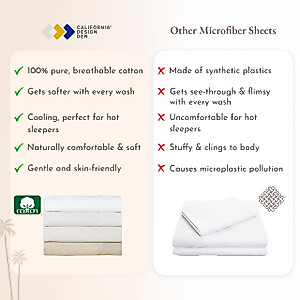 California Design Den Natural 100% Cotton Sheets Full Size Bed Set with Deep Pockets - Soft Sateen Weave, Durable and Cooling Full Size Bed Sheets - White
