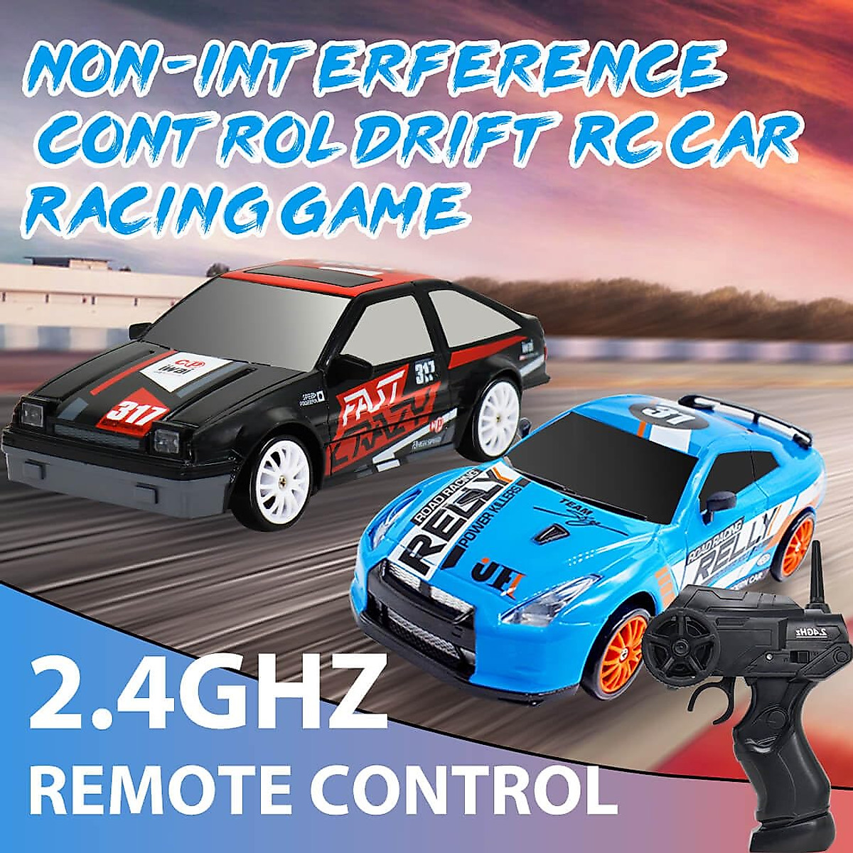 AGNEVE RC Drift Car 1:24 Scale RC Car with LED Lights Glow and Drifting Tires 2.4GHz Remote Control Car 4WD 14KM/h High-Speed RC Cars with 2 Rechargeable Batteries Boys Girls