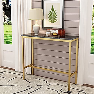 Aklaus 40" Bar Table,Rectangular Industrial Bar Height Table with Sturdy Gold Metal Frame Black Faux Marble Top,Pub Table High Top Dining Table Console Table for Dining Room Living Room Entryway