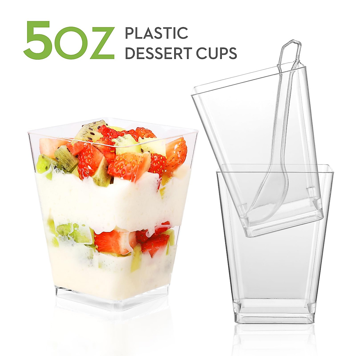 FIFWVGP 50 Pack 5 oz Plastic Square Dessert Cups with Spoons, Yogurt Parfait Cups Appetizer Cups for Party, Mini Dessert Cups with Spoons Dessert Shooter Cups with Spoons for Pudding and Fruit
