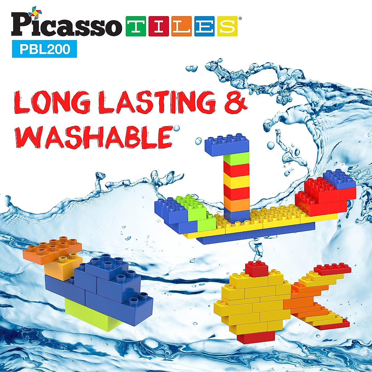 PicassoTiles 200 Piece Large Construction Brick Building Blocks STEM Bricks Toy Set Creative Learning Early Education Playset 5 Colors 4 Unique Shapes Mix & Match Toys for Kids Boys Girls Child Age 3+