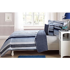 Elegant Home Multicolor Navy Light Blue White Elegant Striped Stripes Design Printed Reversible Colorful 4 Piece Quilt Bedspread Bedding Set with Decorative Pillow for Kids/Boys (Full)