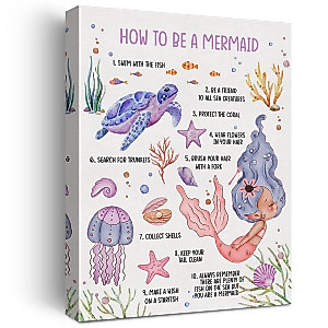 OEWD Nursery How to Be A Mermaid Canvas Wall Art Poster Print, Baby Girl Mermaid Painting Ready to Hang Girl Kids Nursery Bedroom Playroom Decor Gift (11.5" x 15")