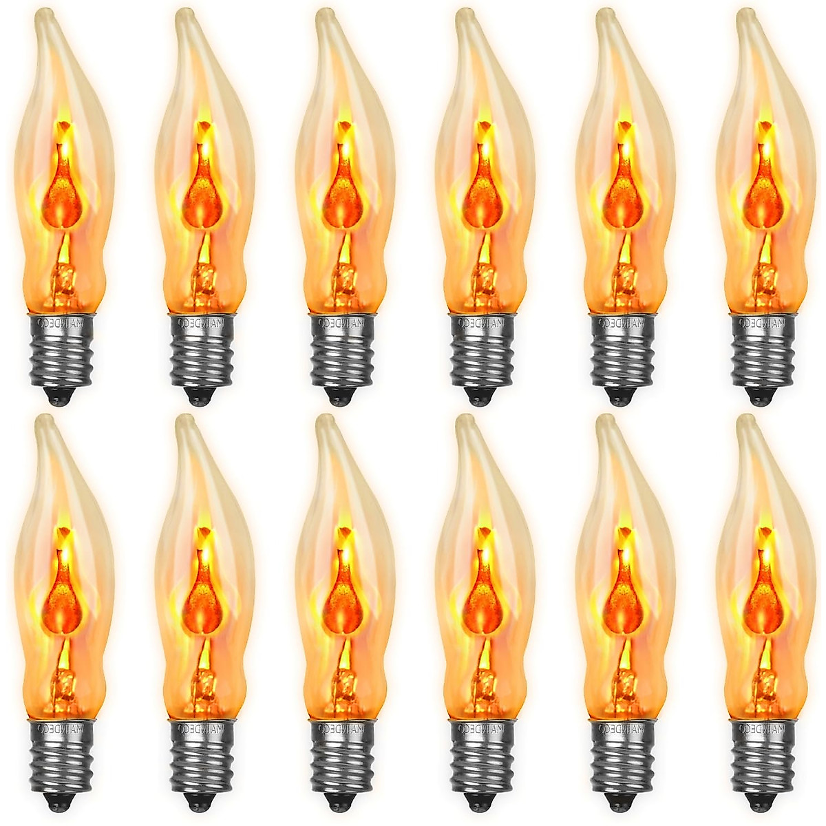 Supernoor Christmas Flickering Flame Light Bulbs,12 Pack C18 Flicker Flame Light Bulbs E12 Base 120 Volts 1 Watt for Electric Candle Lamps Window Candelabra Chandeliers Christmas Bulbs
