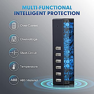 USB Car Charger, 6-Port Fast 65W Car Charger Cigarette Lighter Adapter DC with Smart Identification Compatible with iPhone, Android, Tablet and Other USB Devices