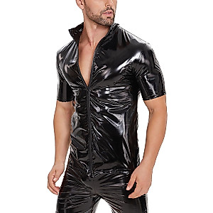Men Sexy Leather Shirt, Glossy, Plus Size, Full Zipper, Short Sleeve, Shiny Latex Coat For Male, Red