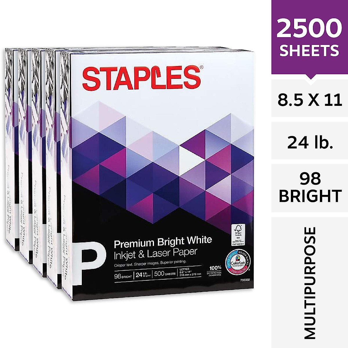 Staples Inkjet Paper – 8.5” x 11” Multipurpose, 24 lbs, 98Bright, 5-Reams/Carton