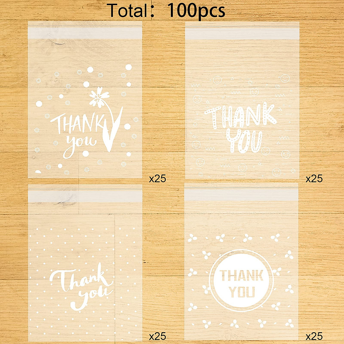 Konsait 100Count Thank You Cookie Candy Treat Bags Self-adhesive Sweets Biscuit Dessert Bags Plastic Bags Packaging Thank You Cellophane Gift Goody Bags for Bithday Party Favors 5.9×7inch