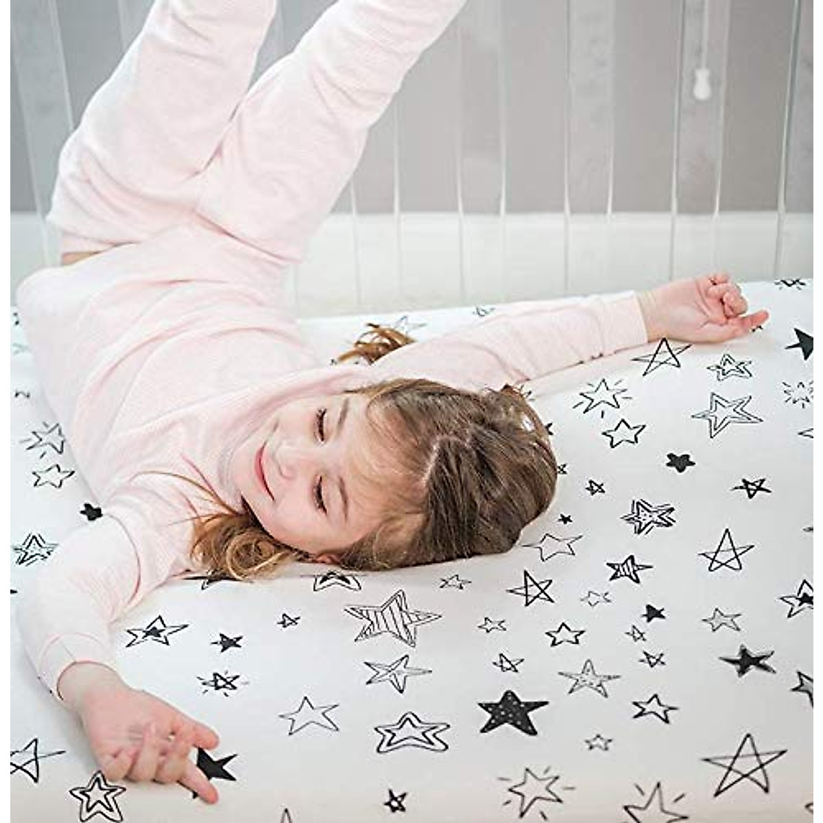 Norani Baby Crib Sheets | Fitted Mattress Cover for Toddler Bed with Full Elastic Trim & 8” Deep Pockets | Soft & Breathable Cotton | Infant & Nursery Bedding & Mattresses | Black and White Stars