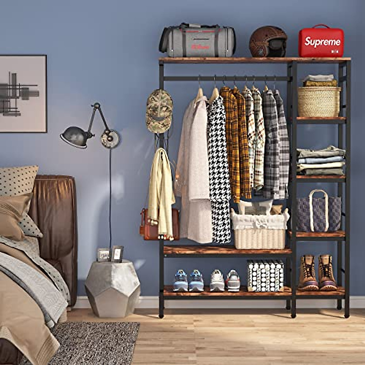 Tribesigns Free-standing Closet Organizer with Hooks, Heavy Duty Clothes Shelf Garment Rack with Shelves and Hanging Rod, Metal Clothing Storage for Bedroom, Capacity 450lb