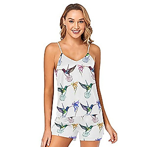 Colorful Hummingbirds with Flowers On White 2 PCs Women's Pajamas Set, Camisole Satin Silk Lingerie Sleepwear, Sleeveless Print Silky Shorts Loungewear Nightwear(L)