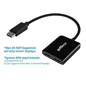 gofanco 1x2 DisplayPort 1.2 Display Splitter Adapter – DP to Dual DisplayPort MST Hub Converter, 4K @30Hz, for Windows PCs, Not Mac OS Compatible, Eyefinity Support (DPMST2DP)