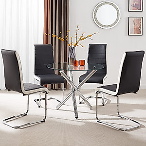 Modern Round Dining Table with Clear Tempered Glass Top, 3 Chrome Legs Kitchen Table for 2 or 4 Person,Round Dining Table Furniture for Home Office Kitchen Dining Room(W 35.4 x L 35.4 x H 29.5 inch)