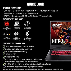 2022 Acer Nitro 5 (17.3" FHD 144Hz, Intel i7-11800H, 32GB RAM, 1TB PCle SSD, GeForce RTX 3050Ti 4GB) Backlit Gaming Laptop, Webcam, Killer WiFi 6, Ray Tracing, IST Cable, Windows 11 Home (Renewed)