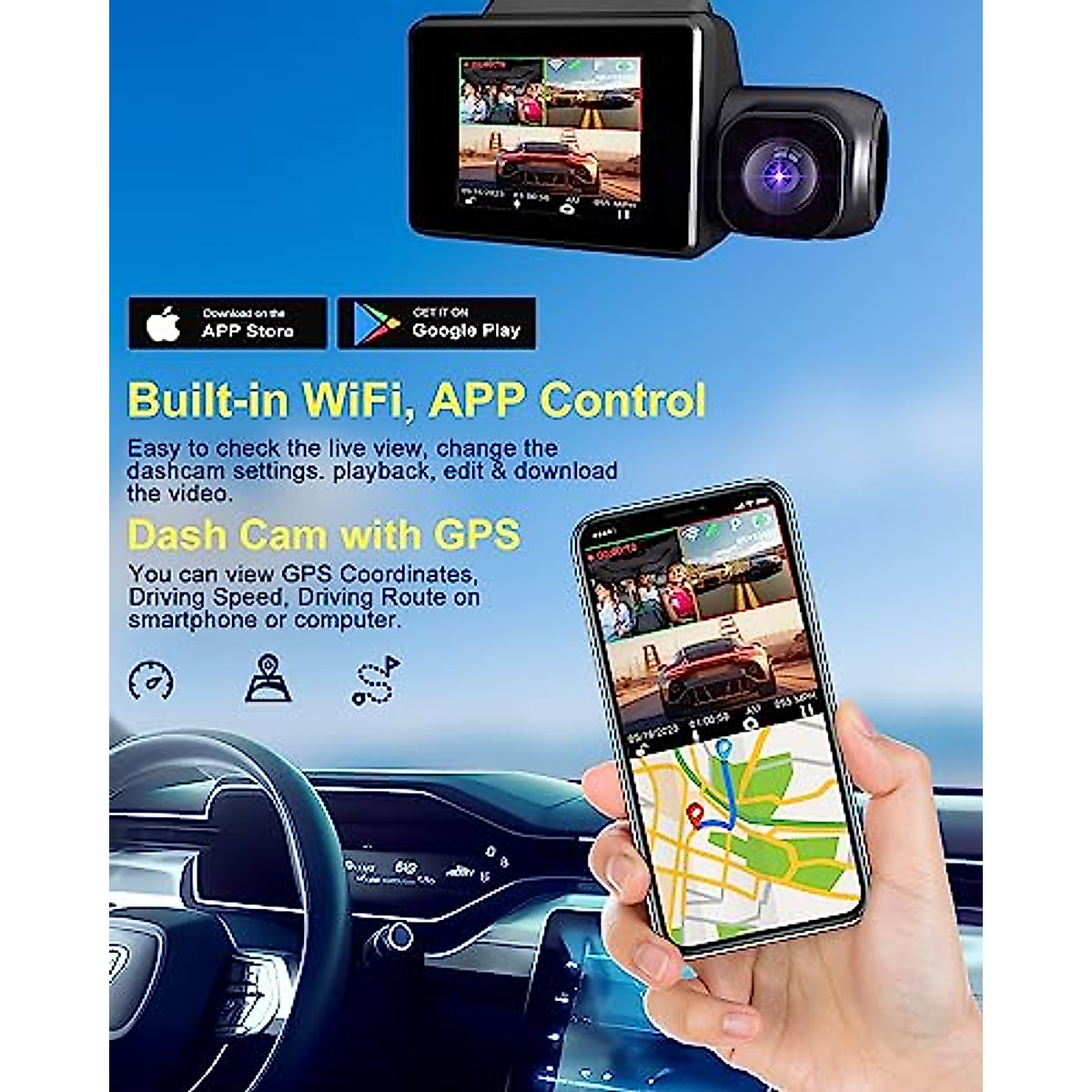 Dash Cam Camera For Cars Dashcam - Lehwey 3 Channel Dash Camera 4k 2160P+1440P+1080P Front Rear Inside, Built in WiFi GPS, With 64GB Card, Night Vision, G-Sensor Parking Mode, 170°Angle Loop Recording