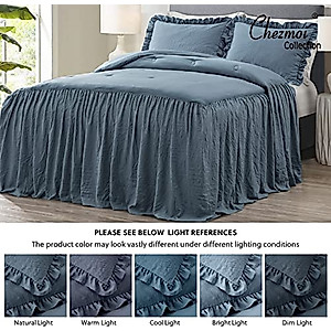 Chezmoi Collection Aria 3-Piece Pinch Pleat Pintuck Ruffle Skirt Bedspread Set - French Country Chic Farmhouse - California King, Dusty Blue
