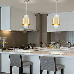 1 Light Hanging Indoor Kitchen Island Pendant Light 6" Drum Glass Shade Pendant Ceiling Light Fixtures Modern Farmhouse Dinning Over Sink (Gold Finish, 2 Pack)