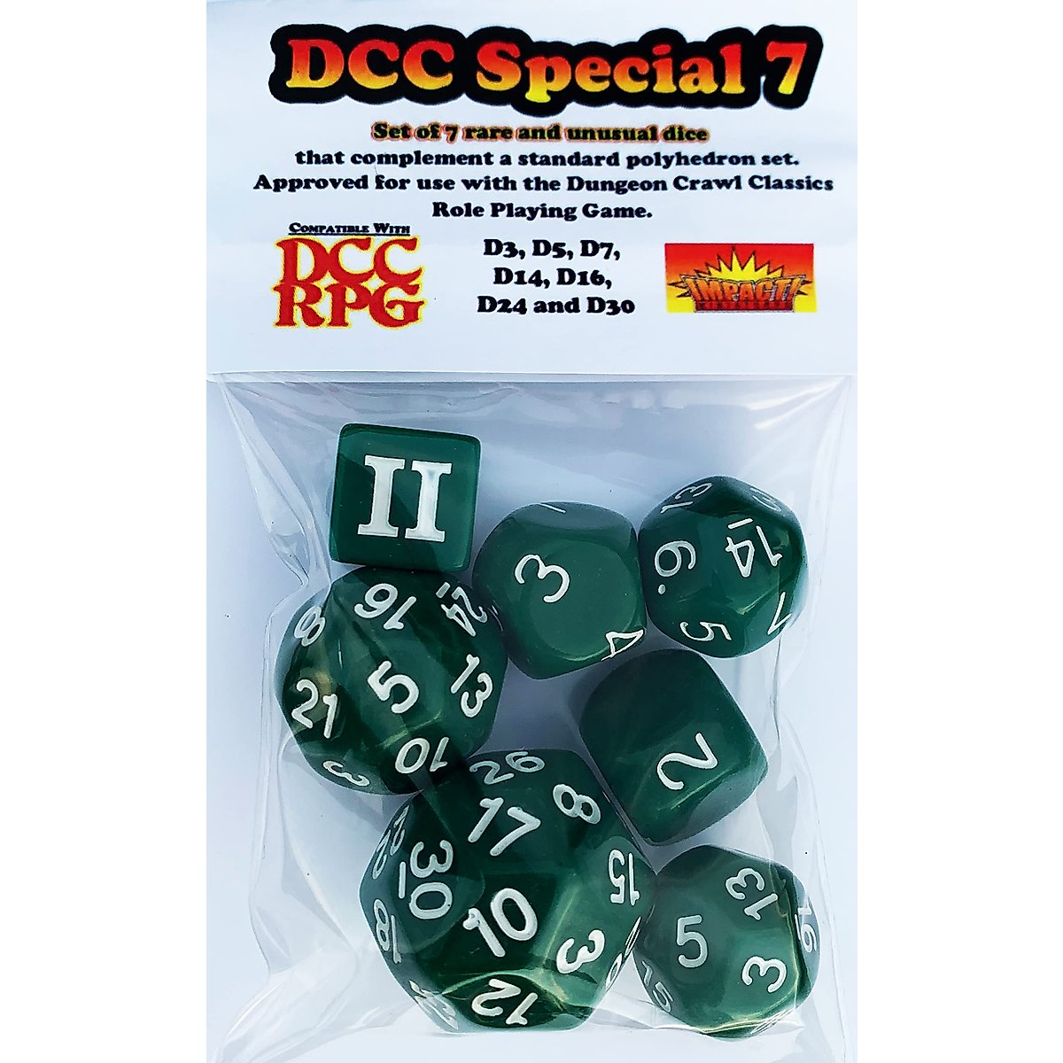 DCC Special 7 - Green - Set of 7 Rare and Unusual RPG dice Approved for use with Dungeon Crawl Classics