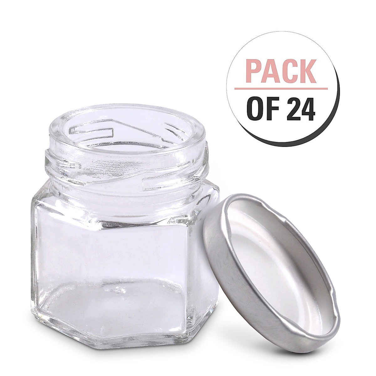 1.5 oz Hexagon Mini Glass Jars with Silver Lids and Labels (Pack of 24)