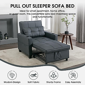 NIOIIKIT Convertible 3-in-1 Pull Out Bed, Leather Upholstered Single Sleeper Sofa Bed with USB Ports, Cup Holders & Side Pockets, Lounge Chaise for Living Room (Light Grey Leather)