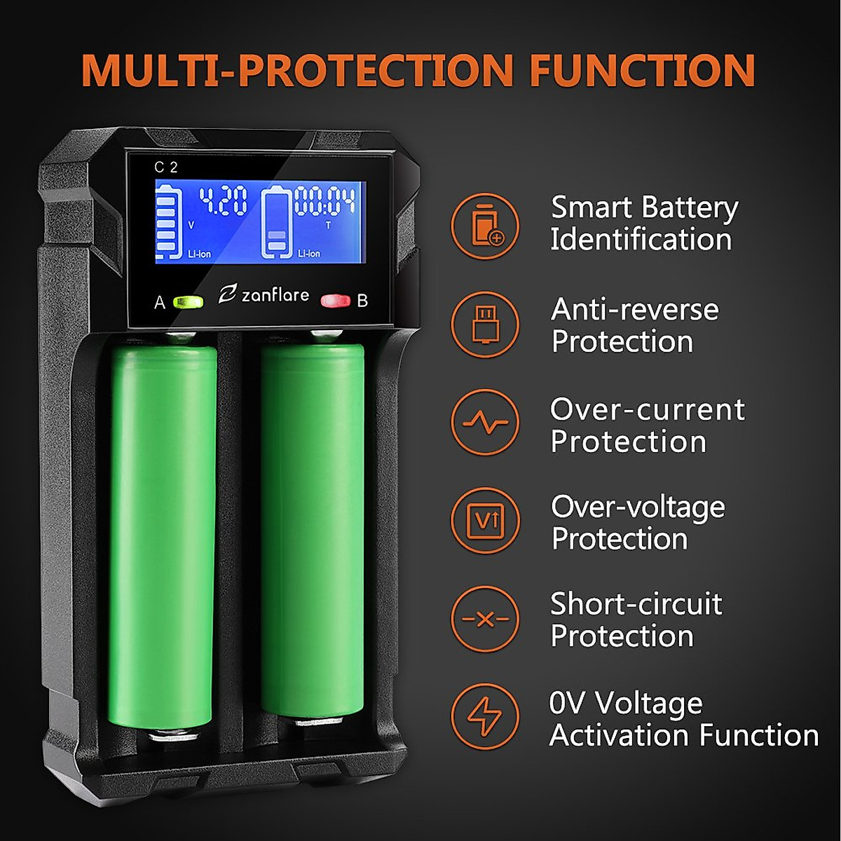 Universal Battery Charger 18650 Charger, Zanflare C2 Smart Charger LCD Display Quick Charge for Rechargeable Batteries Ni-MH Ni-Cd AA AAA SC, Li-ion 18650 26650 26500 22650 18490 17670,USB 5V 2A