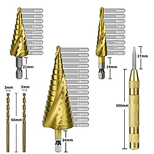 BAYTORY HSS Step Drill Bit Set, 6Pcs Hex Shank Coated Step Drill Bits Set, 4-12/20 / 32mm Large Titanium HSS Step Cone Drill Bit (Spiral 6-Piece Set)