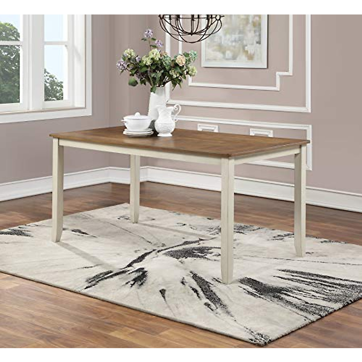 OSP Home Furnishings West Lake Dining Table Set, 7-Piece, Antique Tobacco Finish Top and Cream Base with Linen Fabric