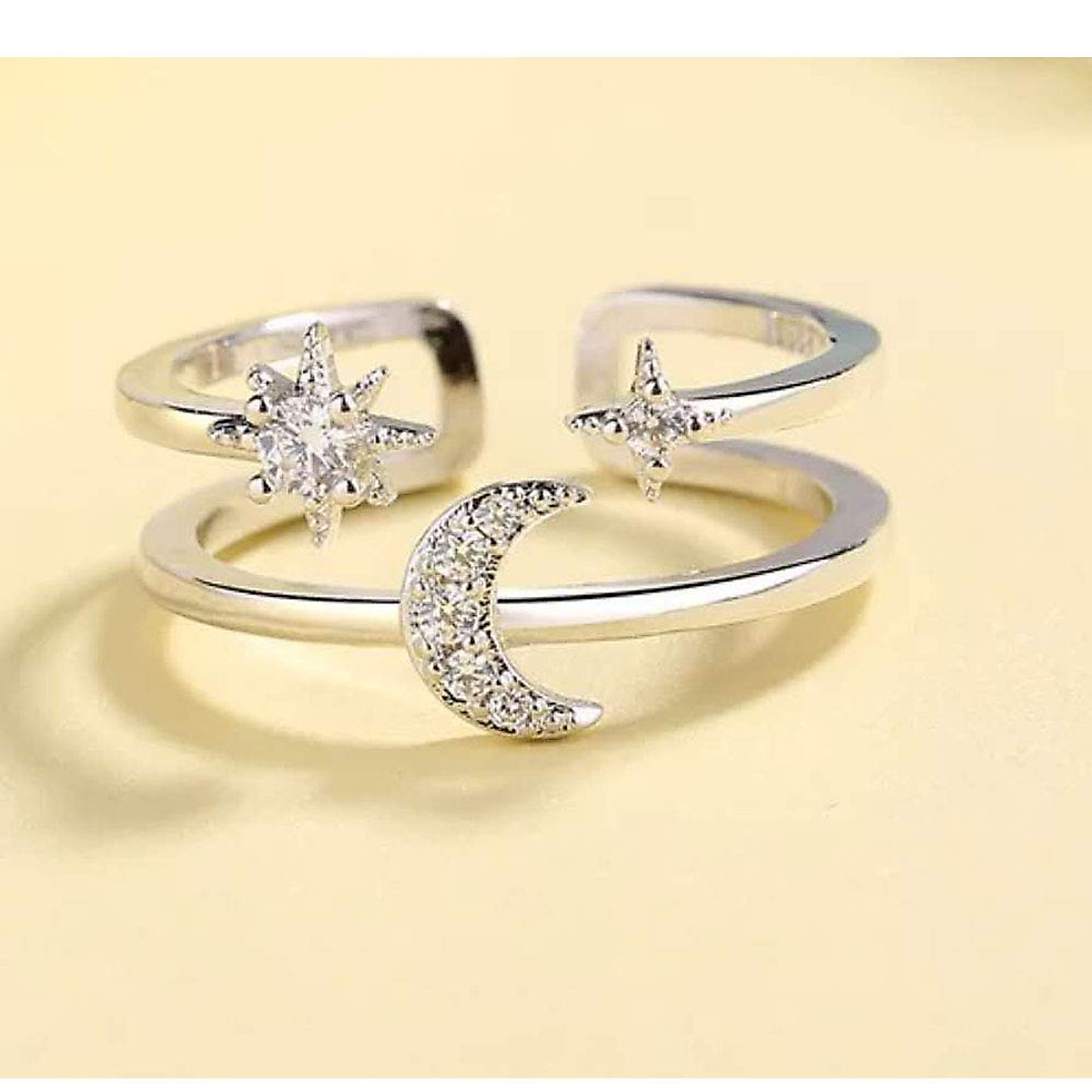 Tafeily 925 Sterling Silver CZ Sun Moon Star Rings for Women and Girls Men Open Rings Adjustable Rings