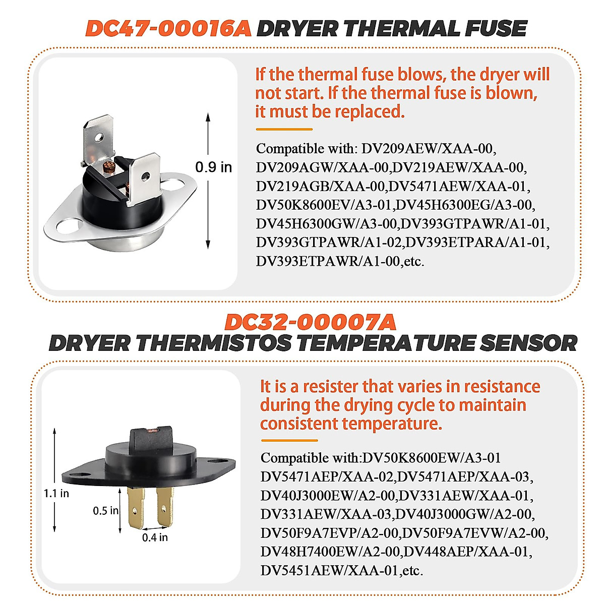 【Upgraded】DC47-00019A Dryer Heating Element Replacement for Samsung dv42h5000ew/a3 dv45h7000ew dve50m7450w/a3 - DC96-00887A DC47-00016A Thermal Fuse & DC32-00007A DC47-00018A Thermostat