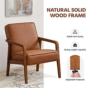 Yaheetech PU Leather Accent Chair, Mid-Century Modern Barrel Chair with Wooden Frame and Soft Thick Padded for Living Room Bedroom Home Office, Light Brown