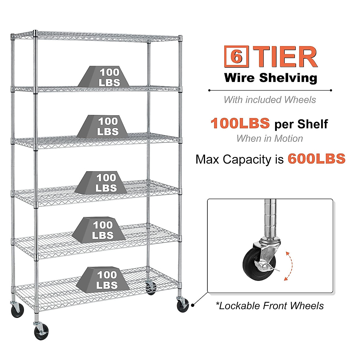 YYkokocat Heavy Duty 6 Tier Shelving Unit Adjustable 6000Lbs Capacity Steel Storage Rack 18" x 48 x 76 Mobile Shelves Wire Shelf Silver Rolling Utility Cart for Pantry Garage Kitchen, Chrome