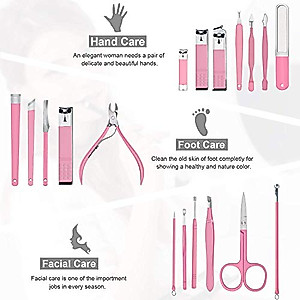 Manicure Set Professional Nail Clippers Kit Pedicure Care Tools- Stainless Steel Women Grooming Kit 18Pcs for Travel or Home (Pink)