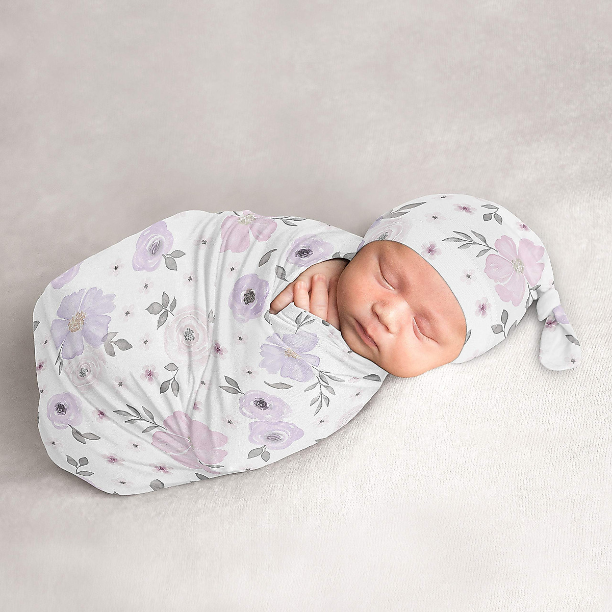 Sweet Jojo Designs Watercolor Floral Baby Girl Cocoon and Beanie Hat 2pc Set Jersey Stretch Knit Sleeping Bag for Infant Newborn Nursery Sleep Wrap Sack - Lavender Purple Pink Grey Shabby Chic Flower