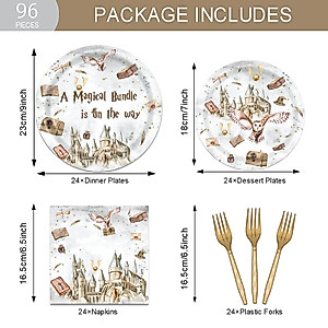 96 Pcs Magical Wizard Baby Shower Party Supplies A Magical Bundle is On The Way Party Tableware and Napkins for Baby Castle Witch Wizard School Disposable Paper Plates for 24 Guests