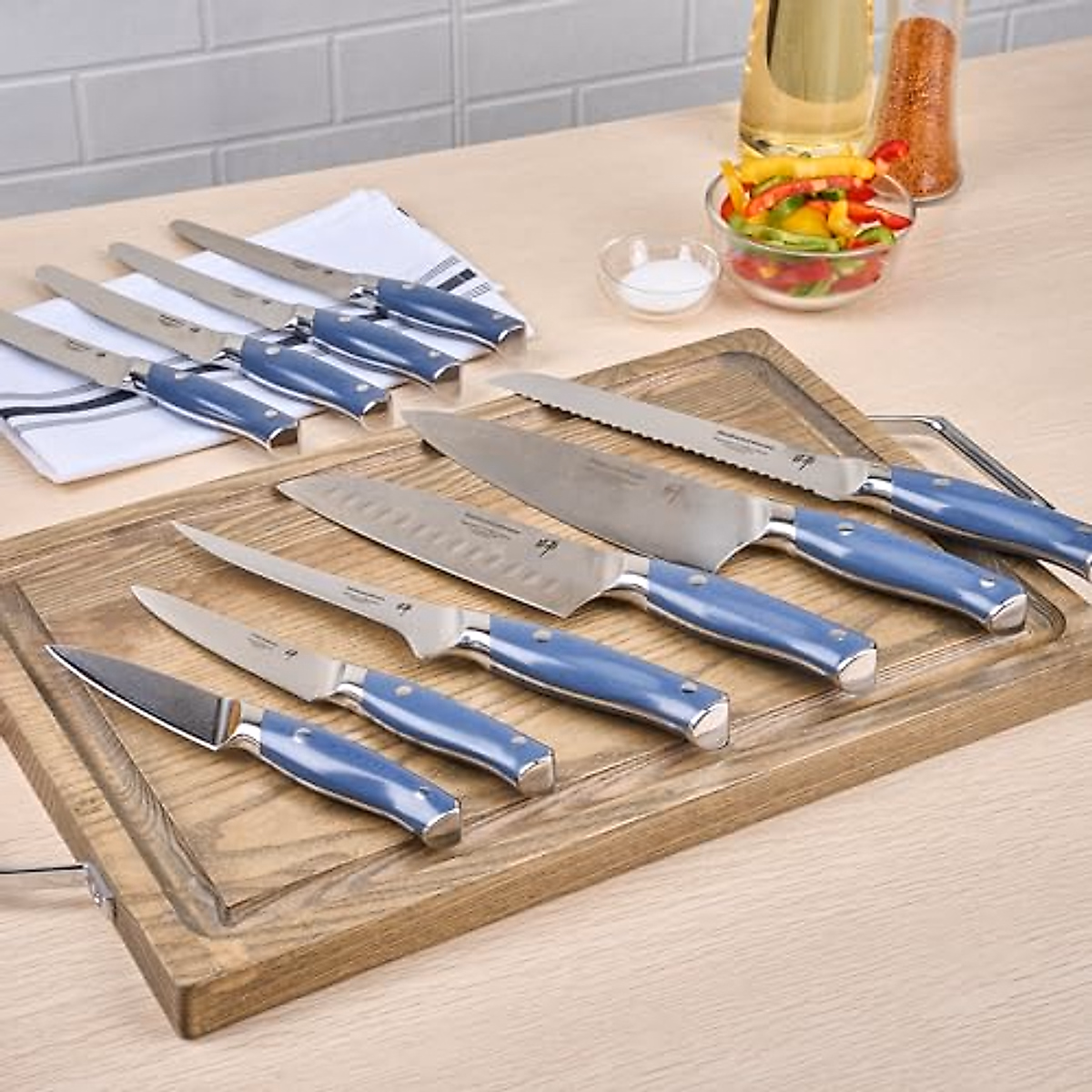 Restaurantware Sensei 10-Piece Knife Set 1 Sharp Professional Knife Set For Chefs - Damascus Steel 67 Layers Blue German Steel Steel Knife Set Ergonomic Handle For Multi Purpose Kitchen Use