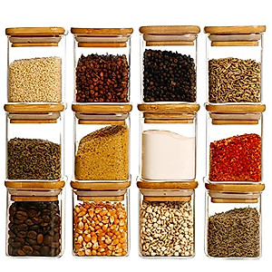 12 Pcs Square Glass Spice Jars with Natural Bamboo Lids - 5oz Airtight Herb Containers with 148 Waterproof Minimalist Spice Labels Preprinted - Empty Small Seasoning Jars for Kitchen Pantry Organization and Storage