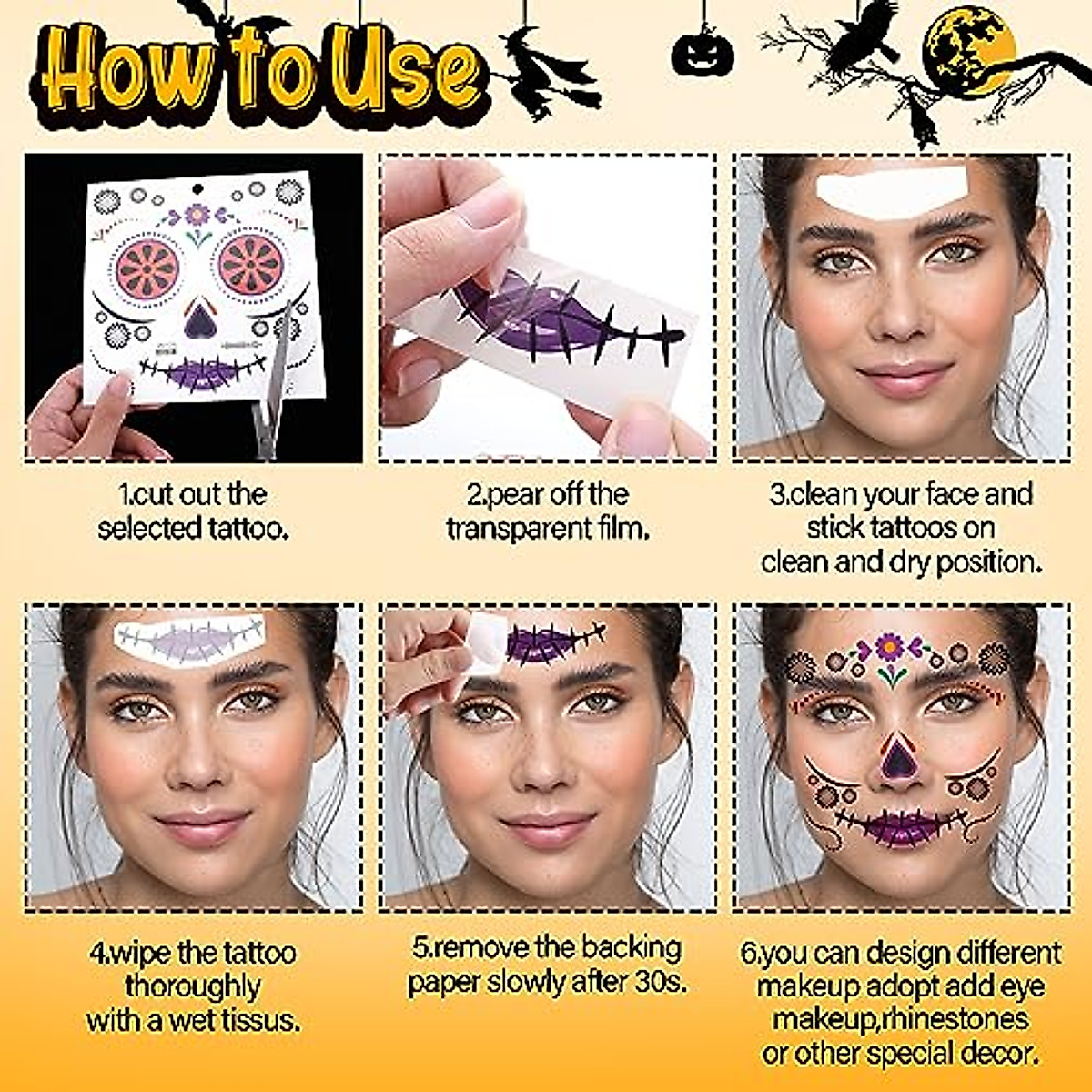 Amaxiu Day of the Dead Face Temporary Tattoos, 10 Sheets Halloween Floral Sugar Skull Temporary Face Tattoos Stickers Makeup Kit on Cheek Eye Forehead Nose Mouth for Halloween Masquerade Party