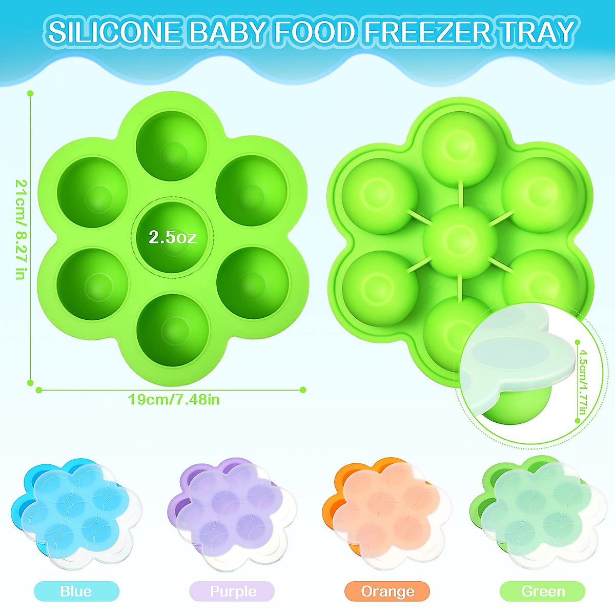 Potchen 4 Pcs Silicone Baby Food Freezer Tray with Lid Stackable Reusable 2.5oz Silicone Baby Food Freezer Molds Storage Tray for Homemade Egg Bite Vegetable Fruit Purees Breastmilk(Colorful)