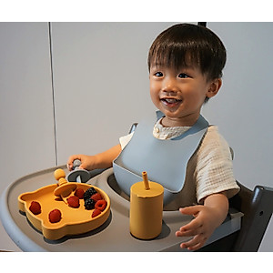 Baby Feeding Set with Reusable Wet Bag in Gift Box, Silicone Baby Led Weaning Supplies, Suction Baby Plate and Bowl Set, Food Grade Bib, Spoon, Fork, Sippy Cup, Bowl and Plate - 100% BPA Free!