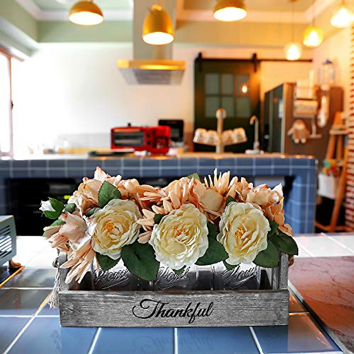 GBtroo Mason Jar Dining Table Centerpieces - Coffee Table Decor with 3 Mason Jars and Flowers - Farmhouse Home Decor Rustic Living Room and Kitchen Decoration Center Piece Farmhouse Centerpieces For Dining Room Table