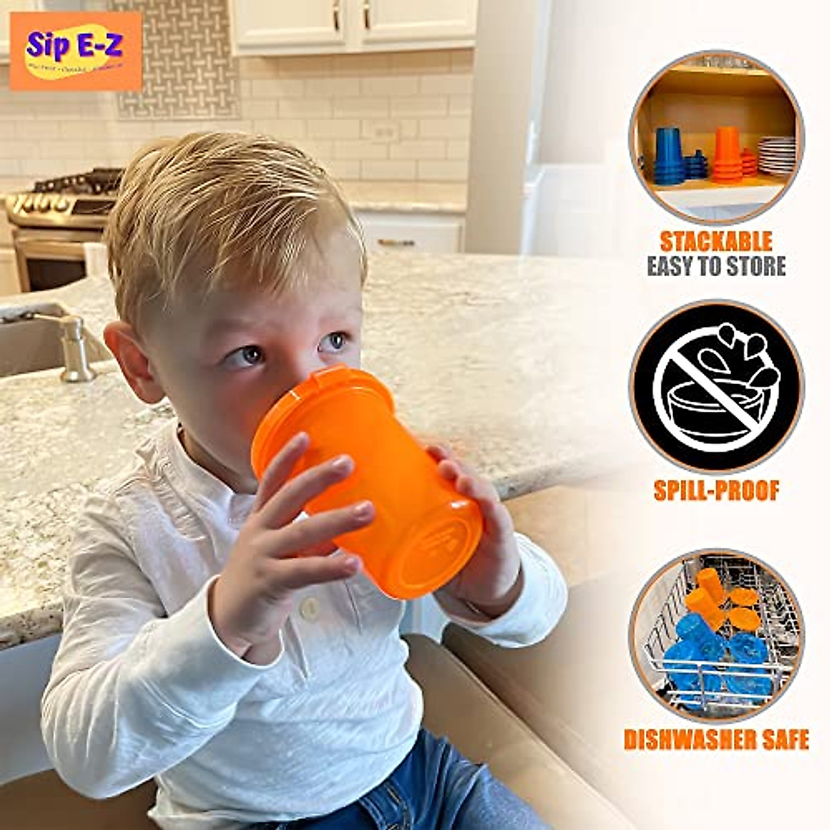 EJA Designs Sippy Cup for 1 Year Old and Toddlers with Attached Lid - Spill Proof, Stackable, Dishwasher Safe - 10 Oz, 4 Count - Never Lose a Lid Again - Baby Sippy Cups (Blue & Orange)
